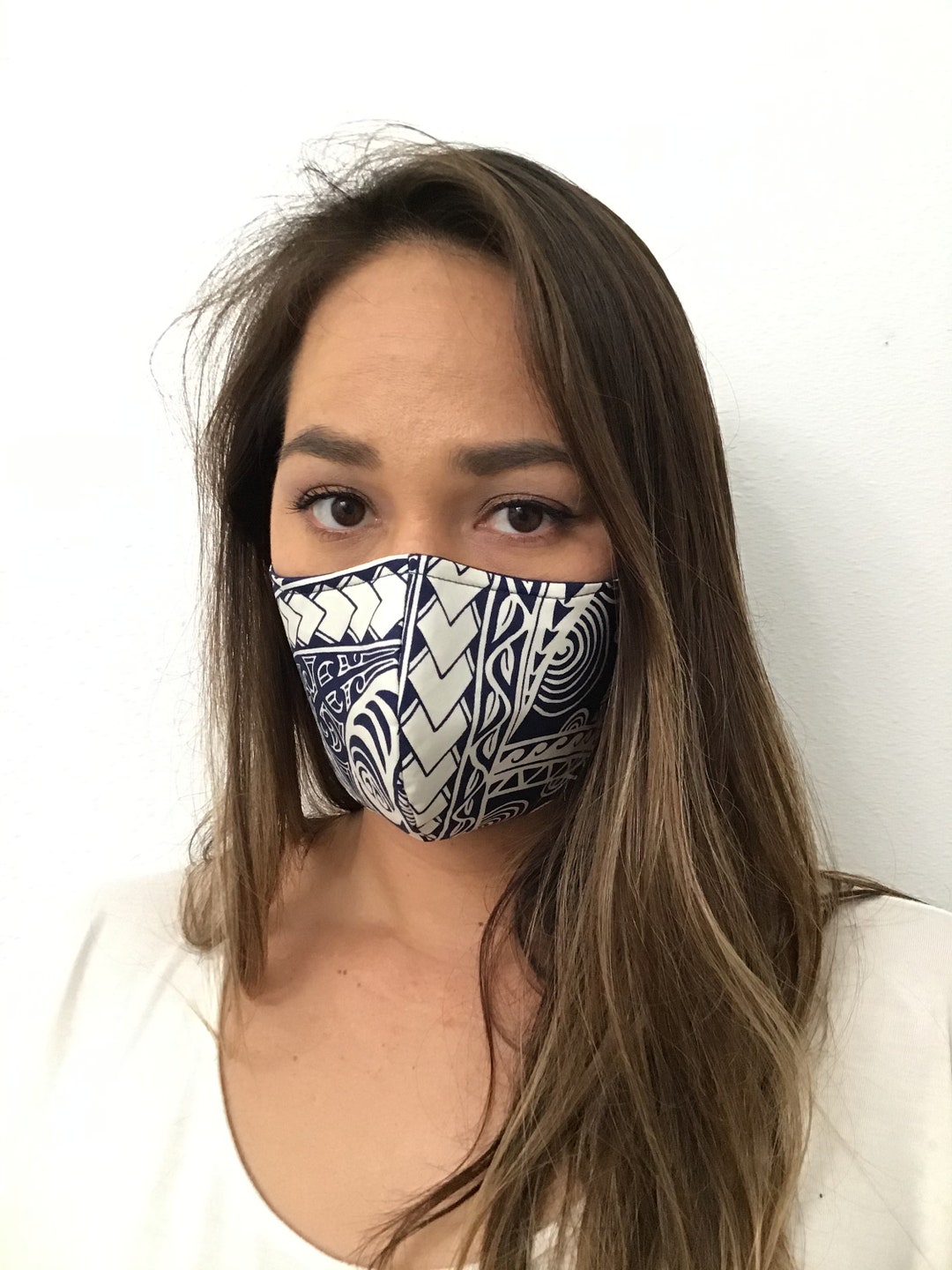 Navy Blue Tribal Hawaiian Print Face Mask Reversible Triple Lined Nose ...