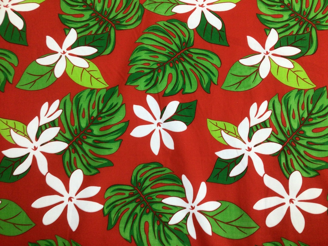 Tropical Tiare Flower Hawaiian Print Poly Cotton Fabric on Red ...