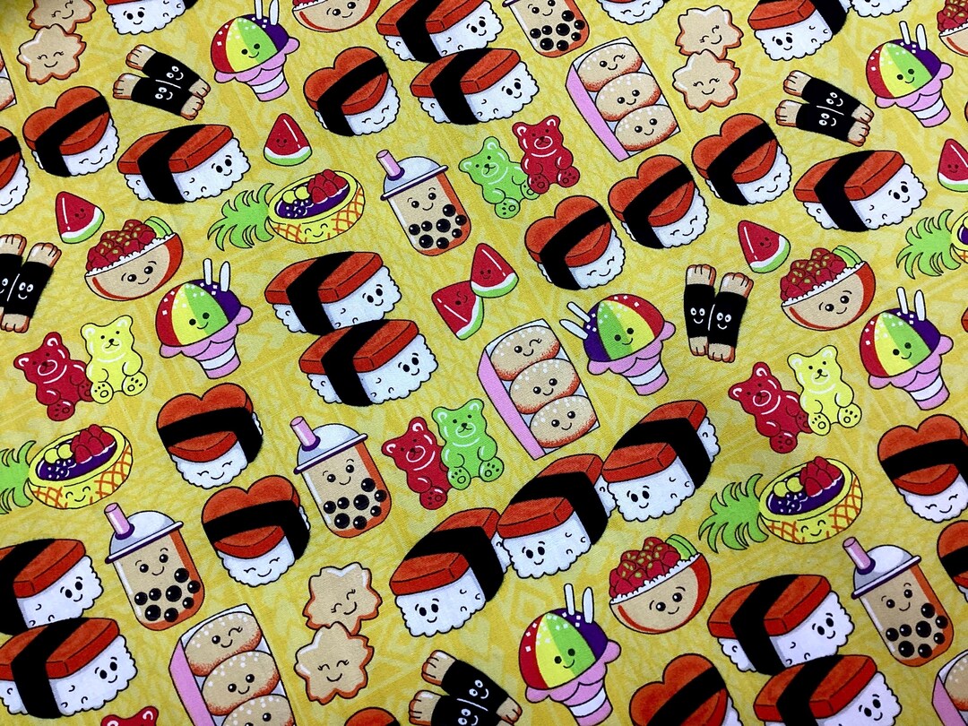 Fun Musubi Hawaiian Print Fabric in Yellow Background 100% Cotton Sold ...