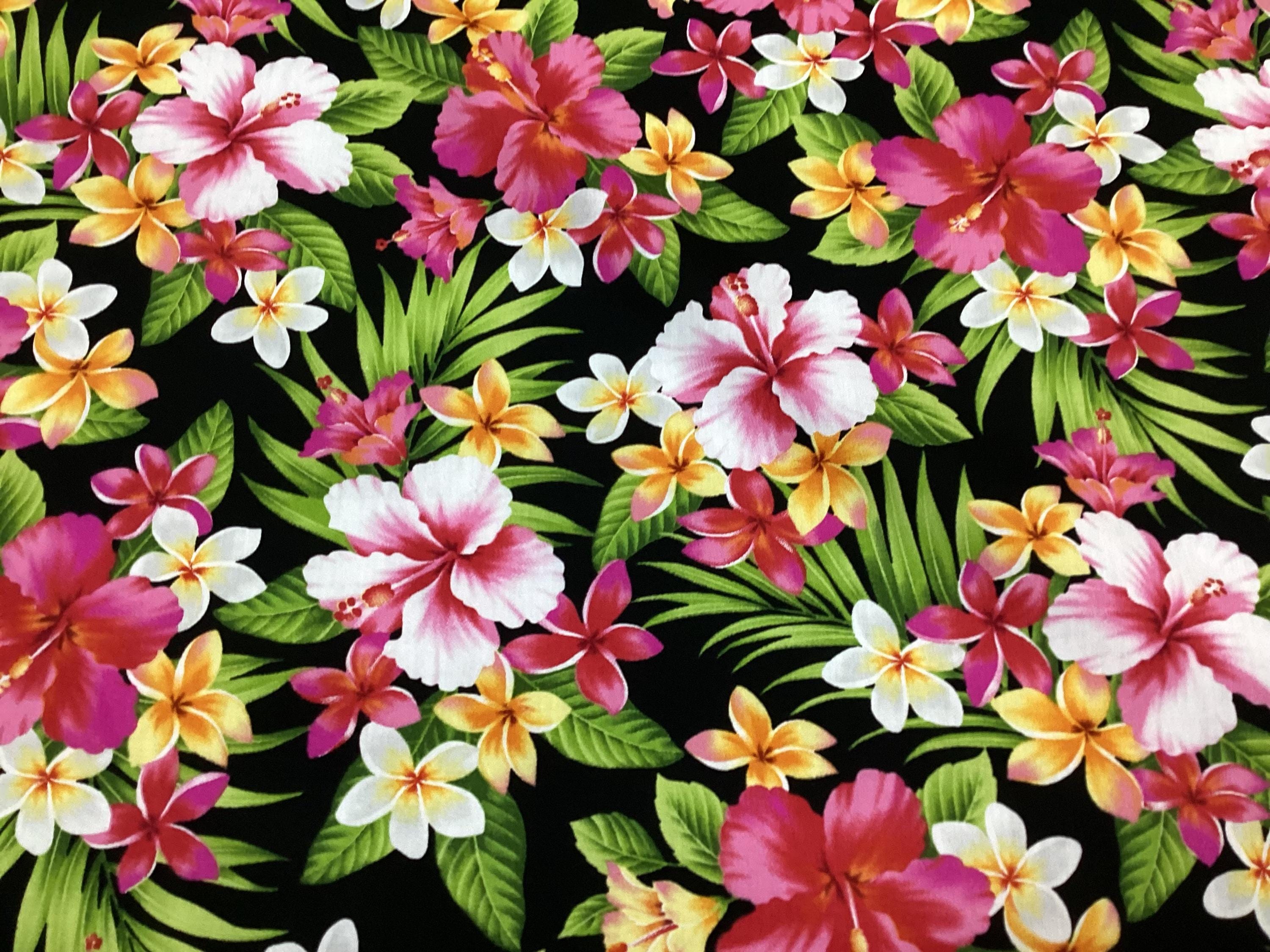 Tropical Plumeria and Hibiscus Flowers Hawaiian Print Fabric on Black ...