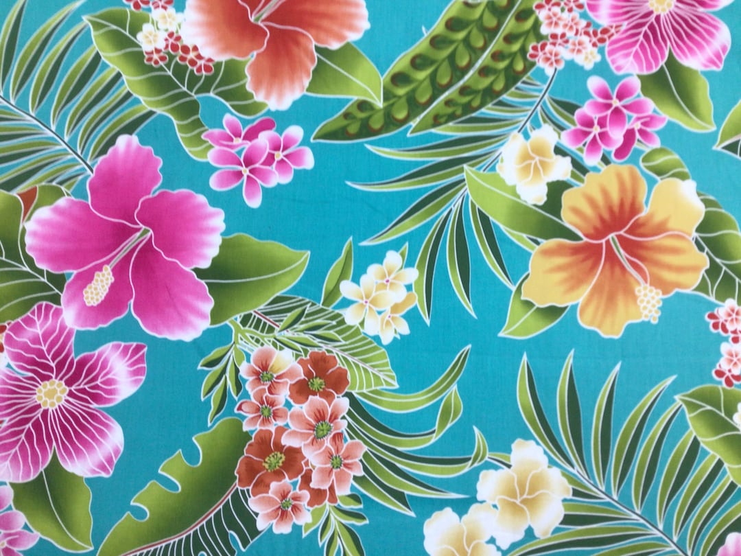 REMNANT! 48" Tropical Hawaiian Print Fabric in Turquiose Background 100 ...