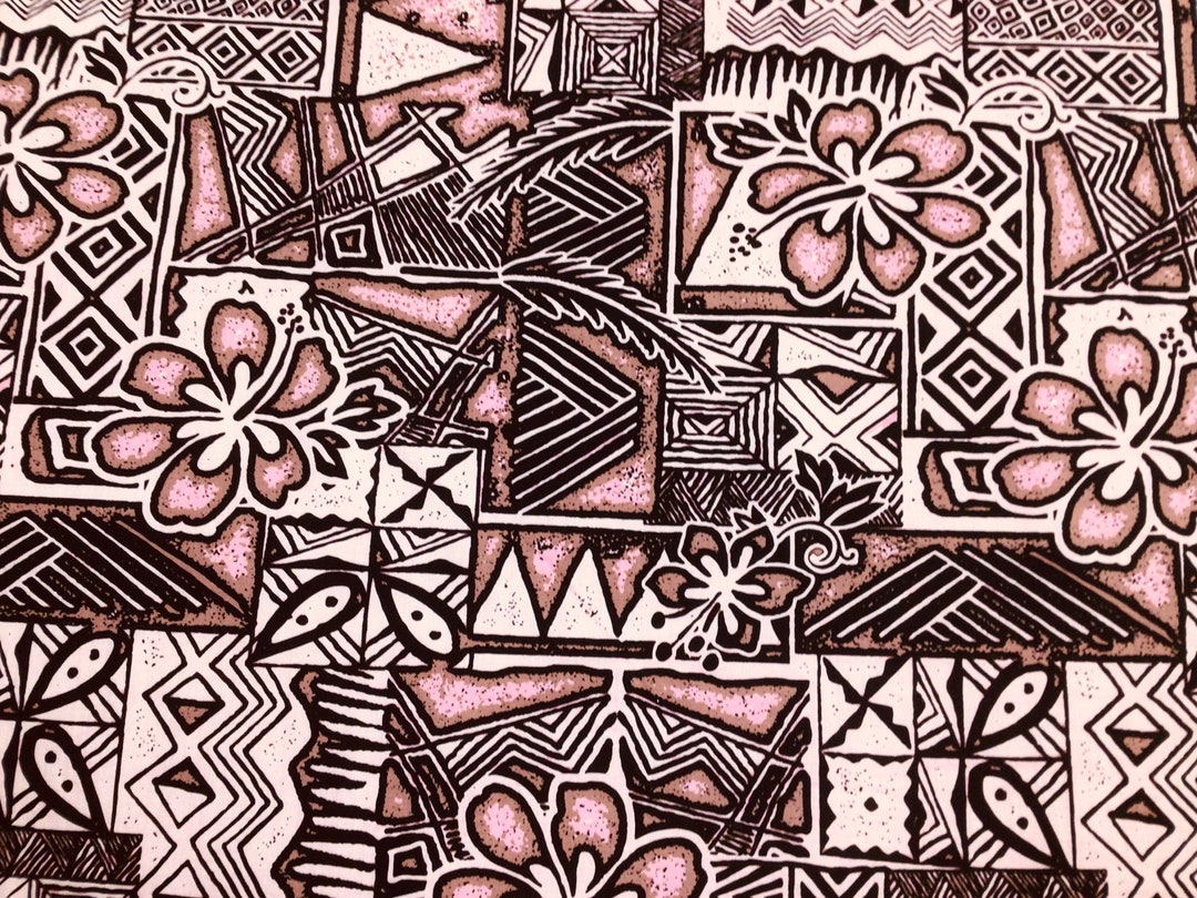 Poly Cotton Tapa Design Hawaiian Print Fabric in Dusty Rose Background ...