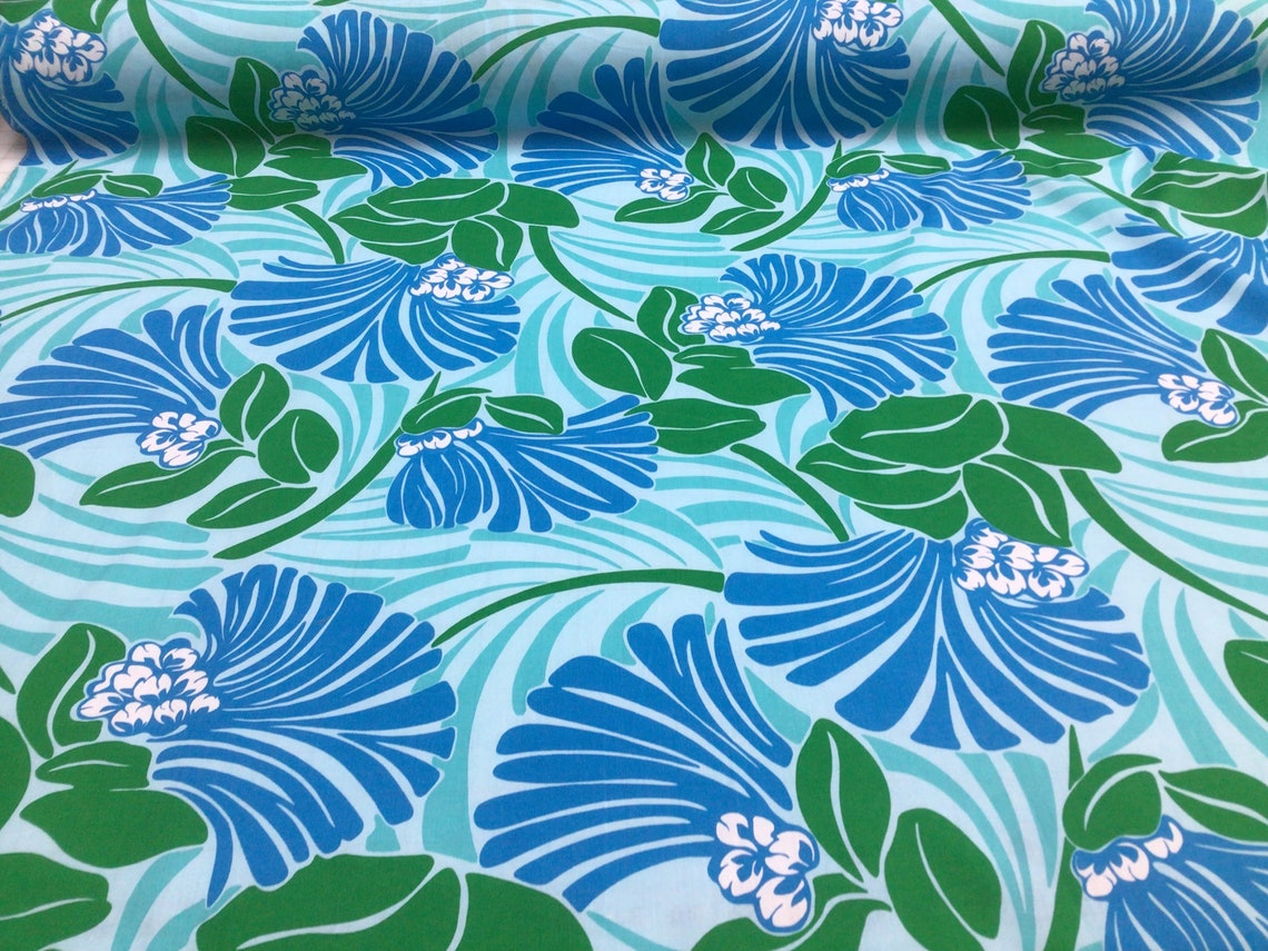 REMNANT! 18" Beautiful Lehua Blossoms in Blue Hawaiian Print Fabric ...