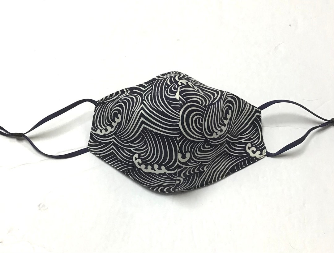 Japan Deep Navy Wave Adjustable Face Mask One Size Fits All. Reversible ...