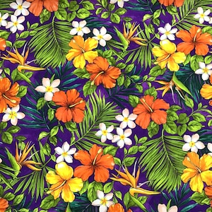 Tropical Hawaiian Print Fabric in Purple Background 100% Cotton - Etsy