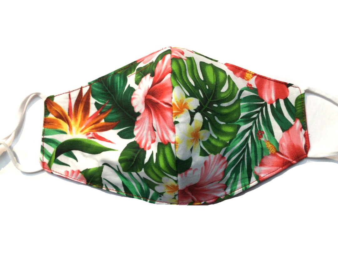 White Tropical Hawaiian Print Face Mask Adjustable Reversible Triple ...