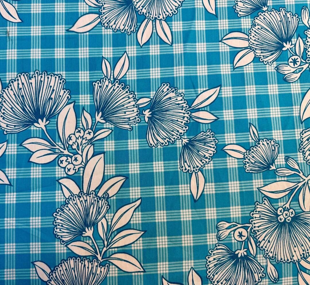 Trendtex Hawaiian Lehua Blossoms on Printed Turquiose Palaka Hawaiian ...