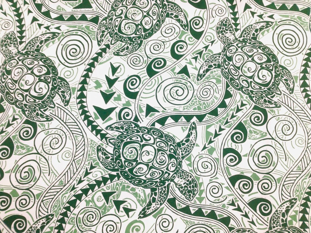 Honu Turtle Tribal Hawaiian Print Fabric in Green Background 100% ...