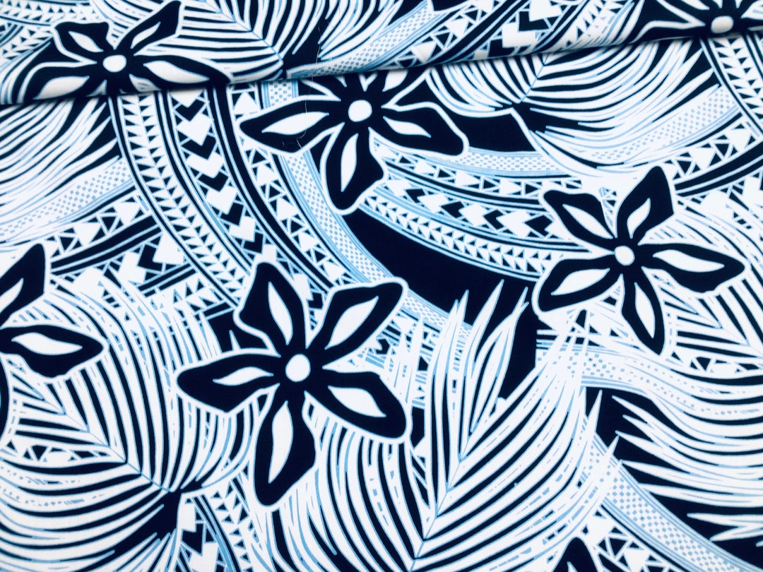 REMNANT! 32" Retro Tribal Hawaiian Print Fabric in Blue Background 100% ...