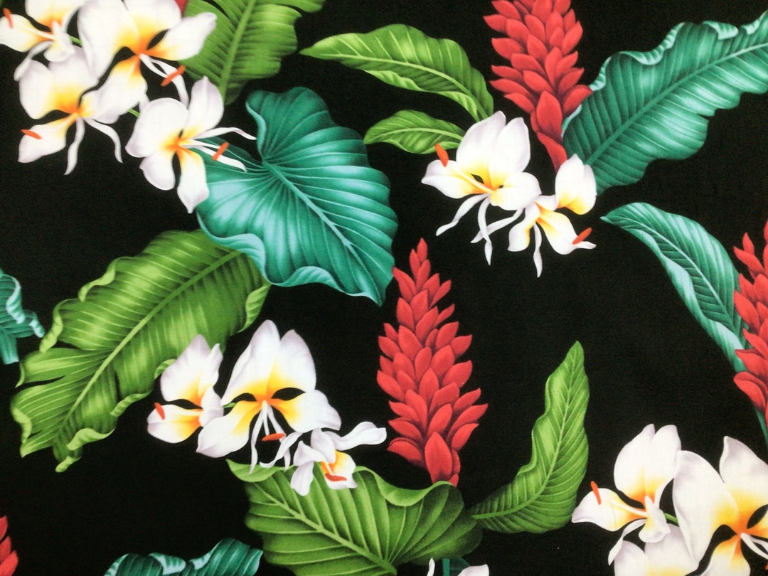 Tropical Hawaiian Print Fabric in Black Background 100% Cotton Sold by ...