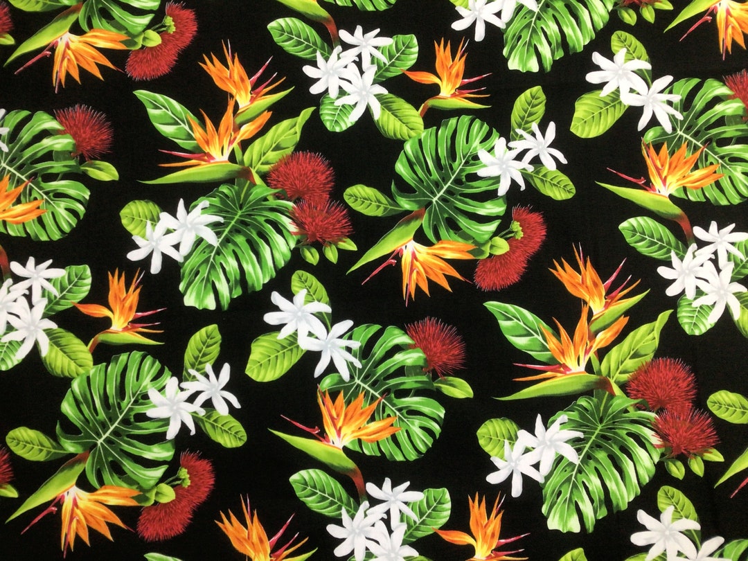 Tropical Hawaiian Print Fabric in Black Background 100% Cotton Sold by ...