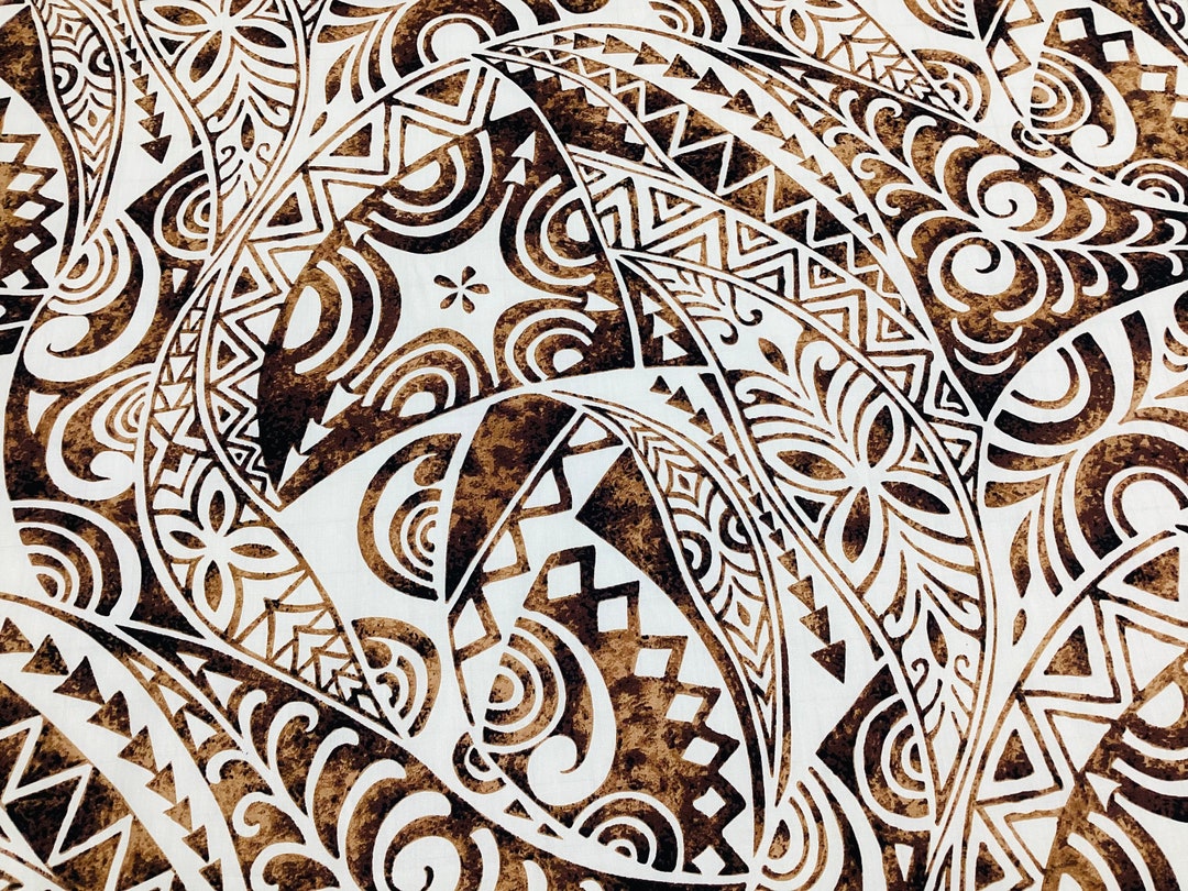 Swirly Retro Tribal in Brown Background Hawaiian Print Fabric Sold by ...