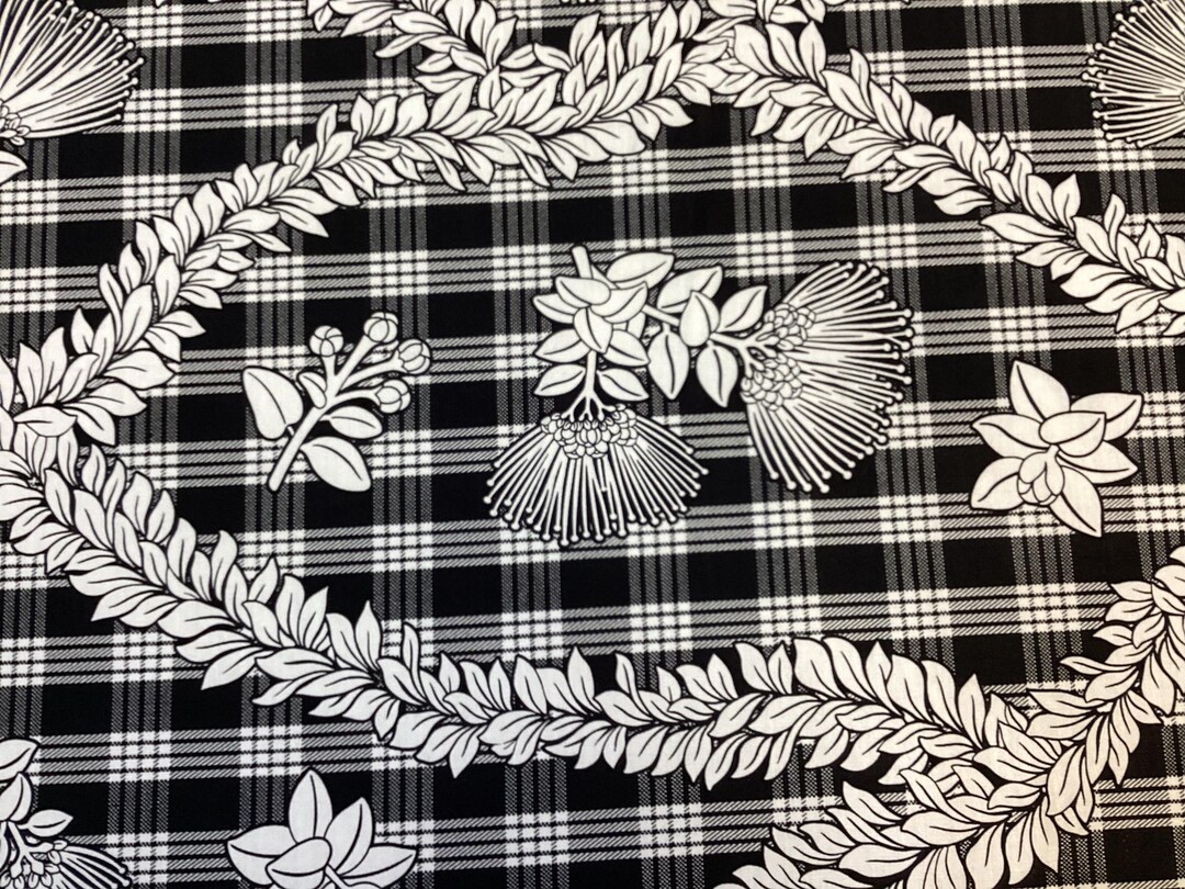 Black Palaka With Tropical Leis and Lehua Blossoms Hawaiian Print ...