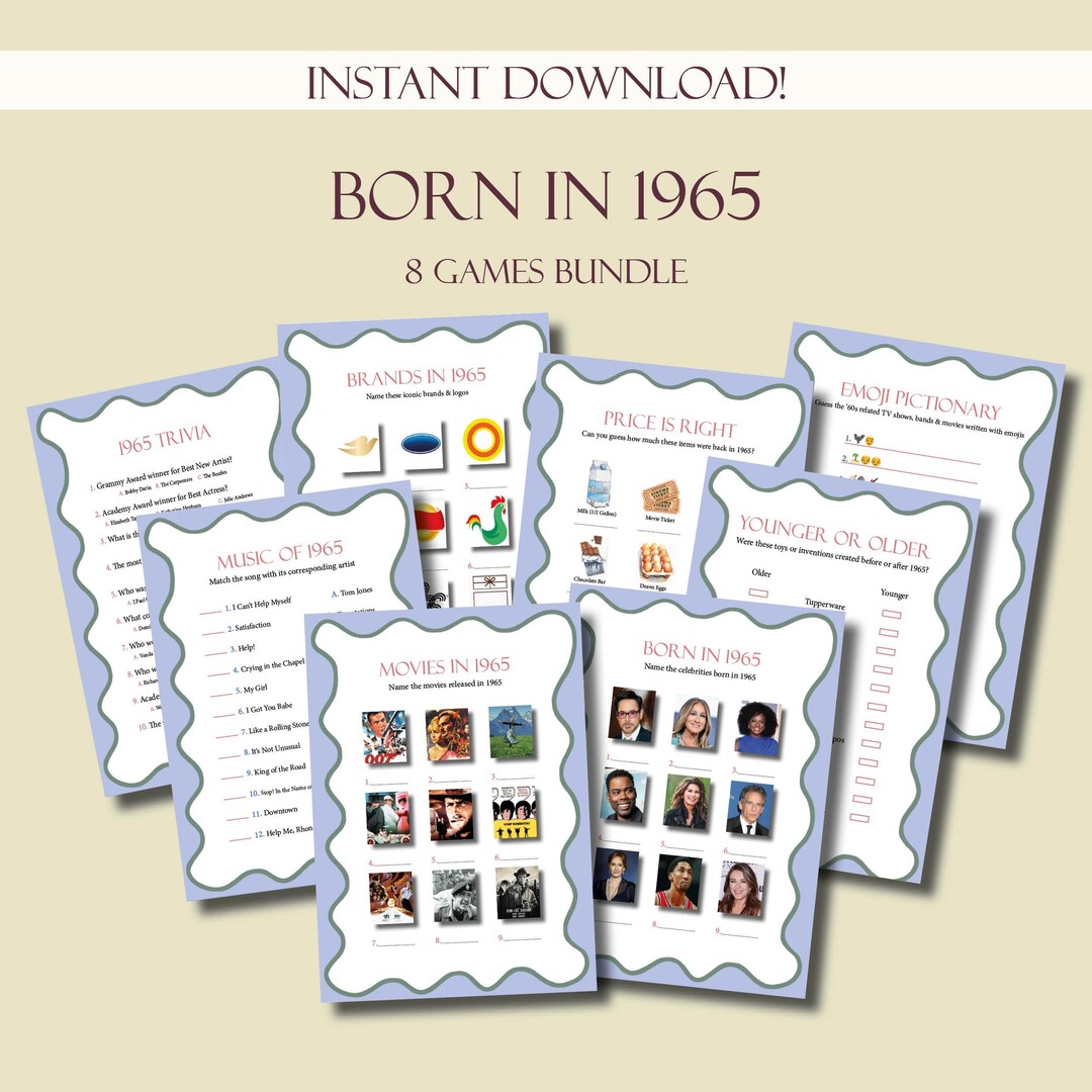 1965 Trivia Printable 60th Birthday Party Quiz Game Back to the 60s ...