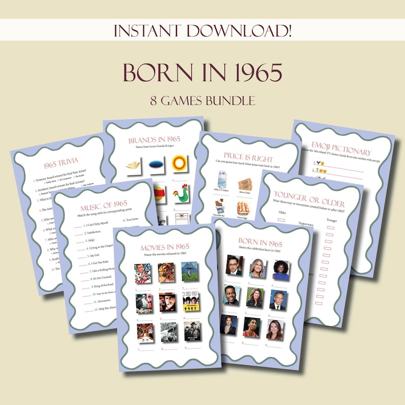 1965 Trivia Printable 60th Birthday Party Quiz Game Back to the 60s ...