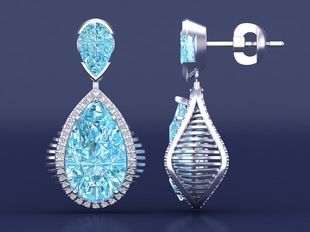 3D CAD File of Elegance Tear Drop Pear Gemstones and Diamonds Earrings ...