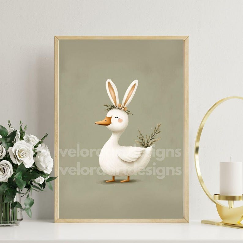 Cute Bunny Hat Goose Wall Art Printable, Easter Spring Nursery Decor ...