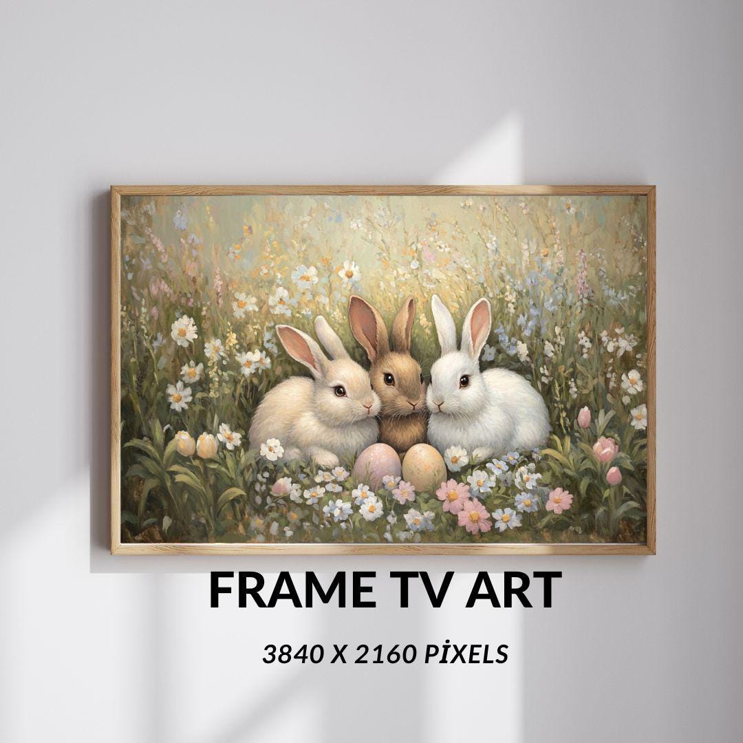 Easter Bunnies Frame TV Art, Spring Bunny Painting, Farmhouse Easter ...