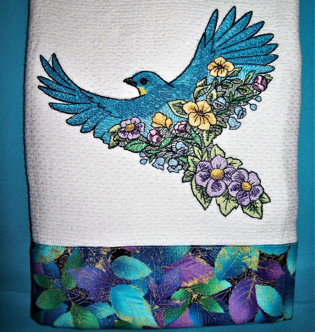 Embroidered Blue Bird Terry Hand Towel: Floral Cotton Border - Etsy