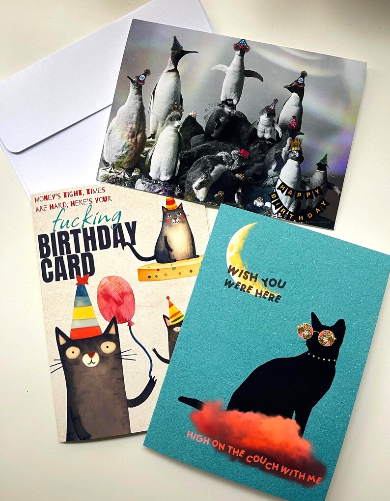 Penguin Party Birthday Card: Funny Museum Penguins - Handmade in LA - Etsy