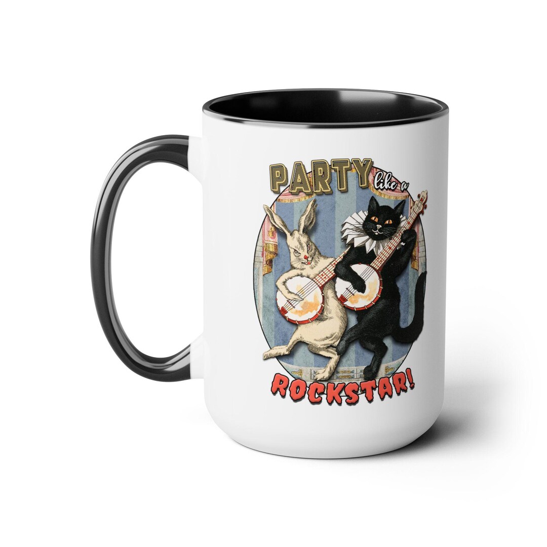 Party Like a Rockstar Mug: Vintage Cat & Rabbit, Funny Novelty Gift - Etsy