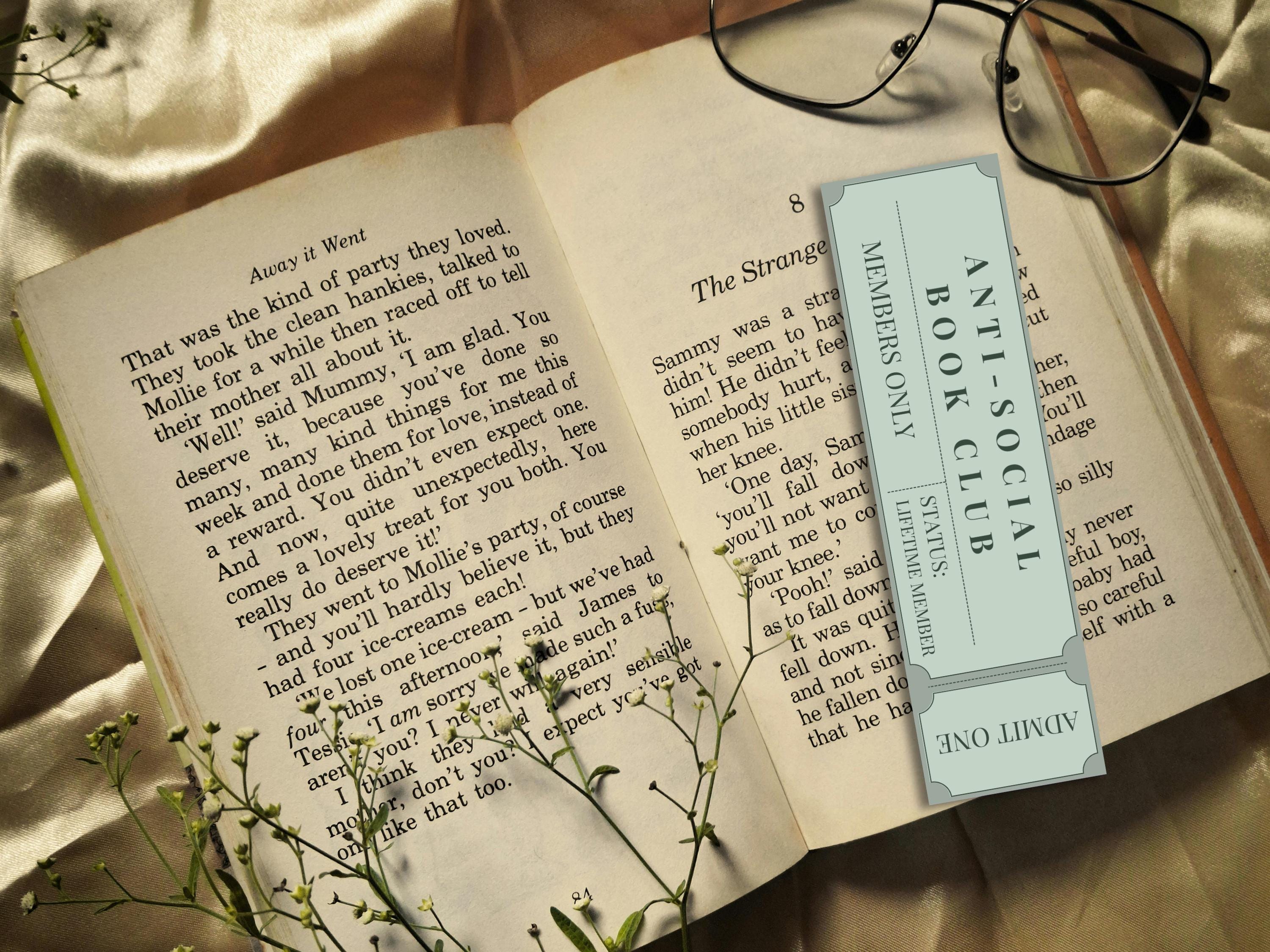 Printable Anti-social Book Club Bookmarks | Cute Movie Ticket Bookmark ...