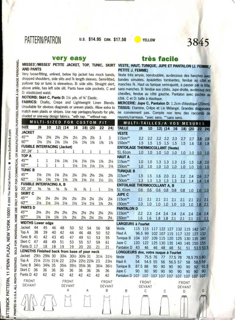 Butterick 3845 Very Easy Sewing Pattern Size 8-10-12 - Etsy