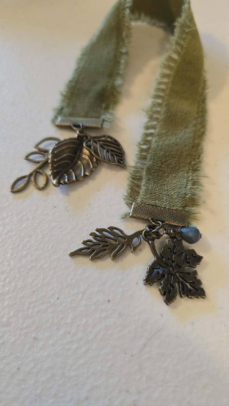 Into the Woods Olive Green Velvet Bookmark With Broze Leaf Charms - Etsy