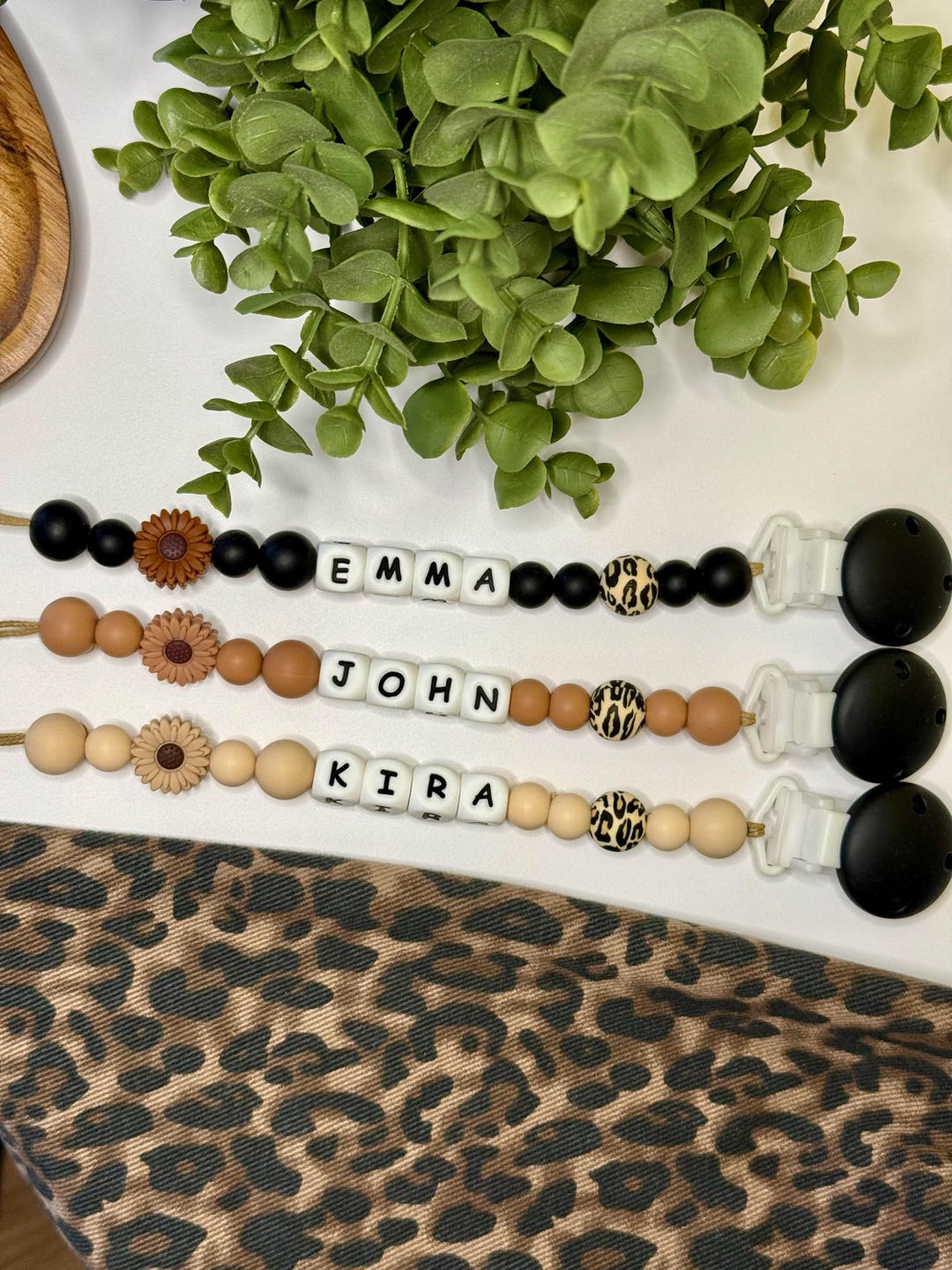 Personalized Pacifier Clip With Name, Leopard Print& Sunflower Beads ...
