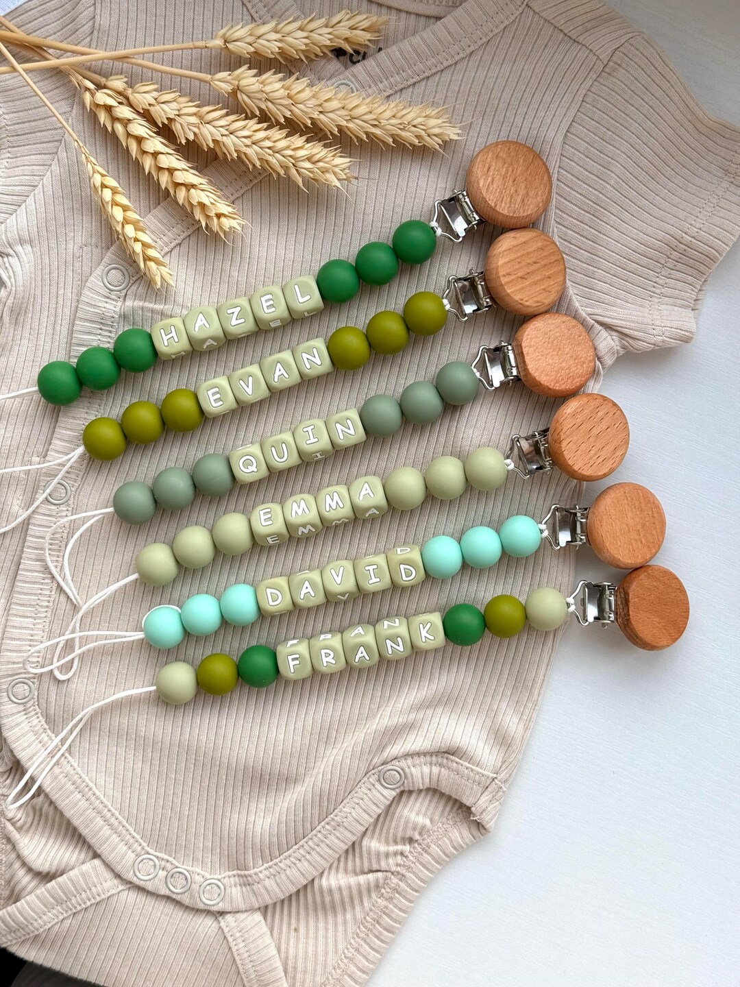 Personalized Pacifier Clip, Green Silicone Beads, Natural Wood, Baby ...