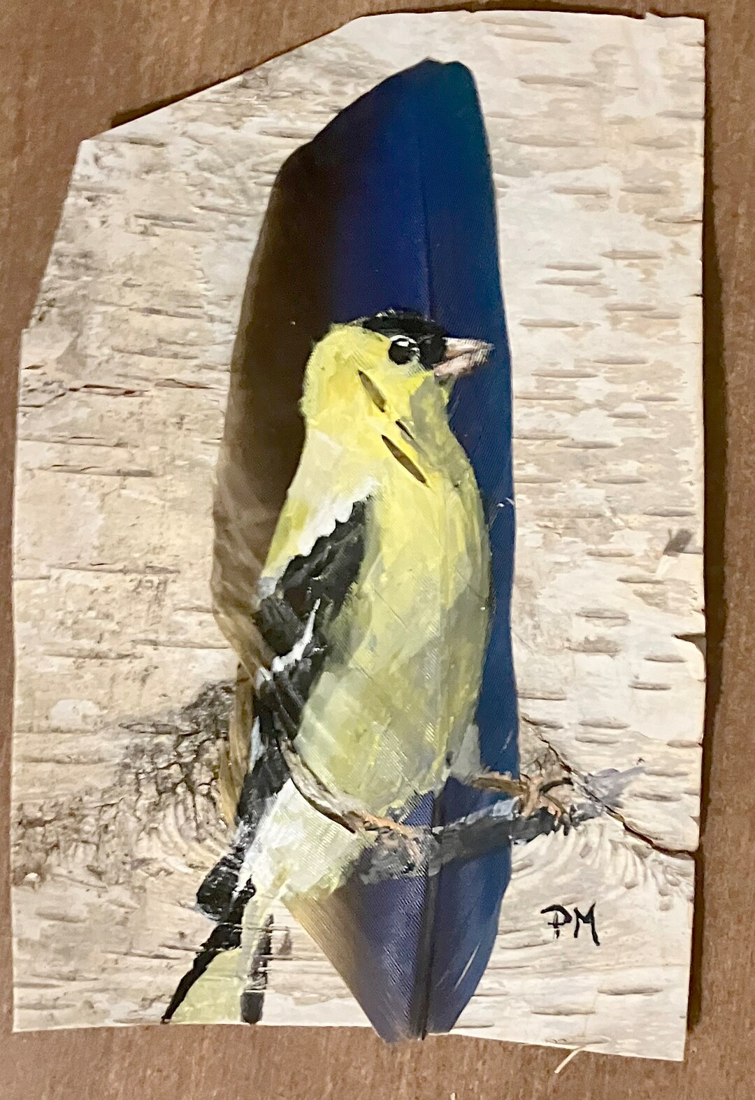Goldfinch Hand Painted on Turkey Feather and Birch Bark, Framed - Etsy