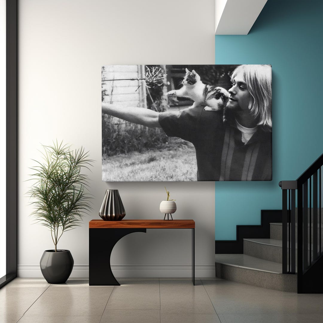 Kurt Cobain With His Cat Canvas, Black and White, Vintage Photography ...