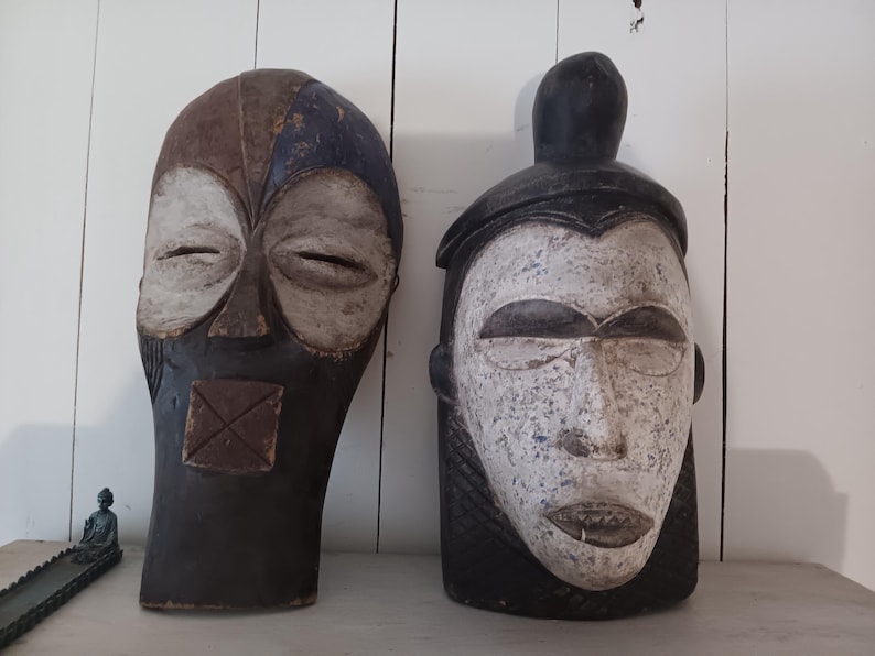 African Tribal Mask Pair | Authentic Hand Carved Sculptural Wall Art ...