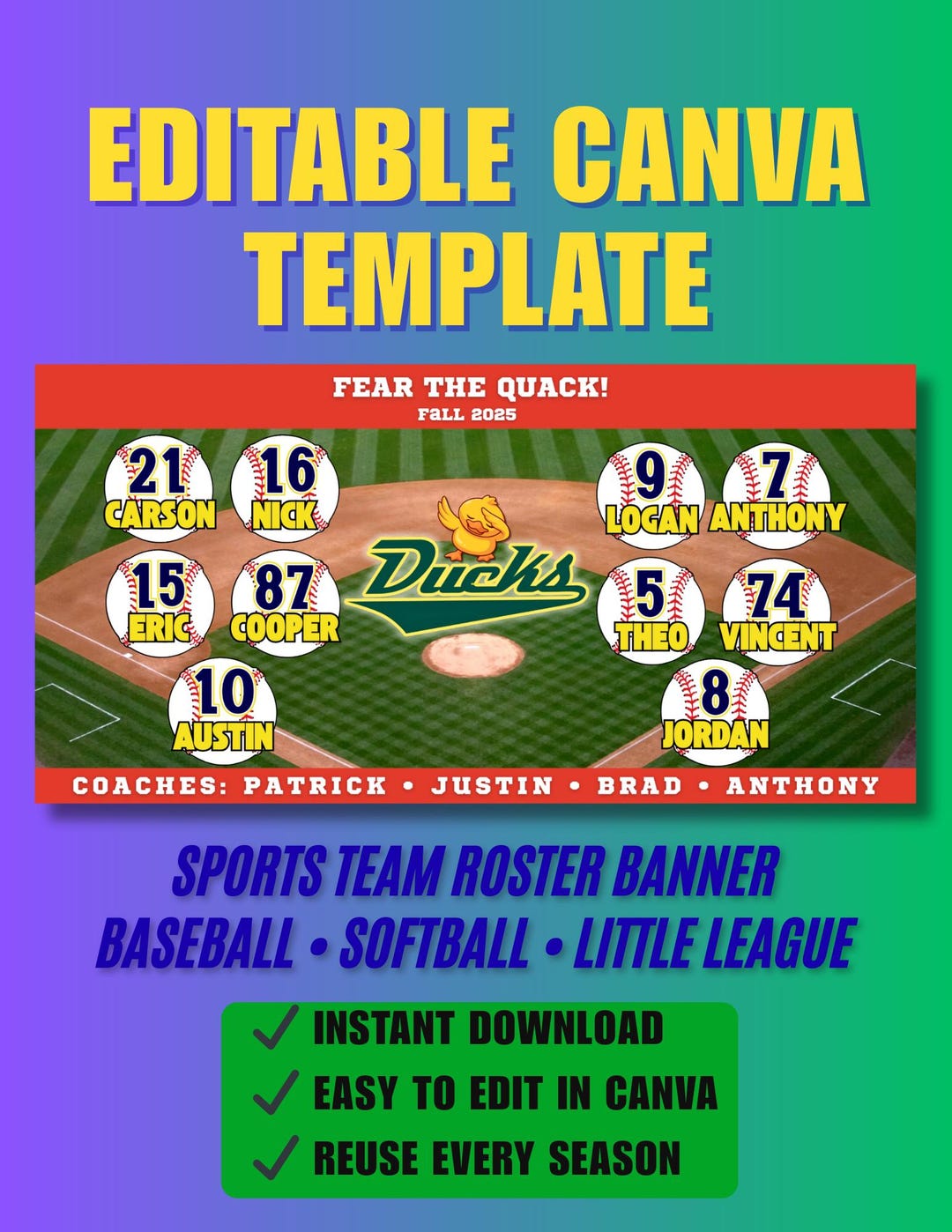 Editable Baseball Team Banner Template: Sports Roster Poster (digital ...