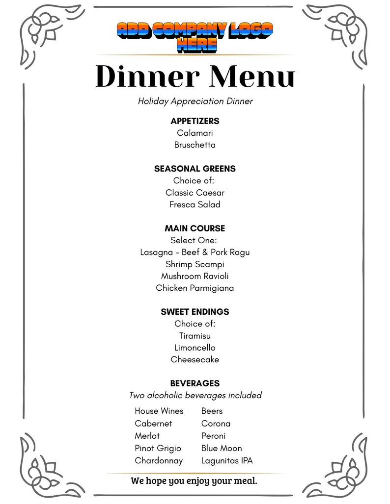 Editable Business Dinner Menu • Corporate Event Template • Canva ...