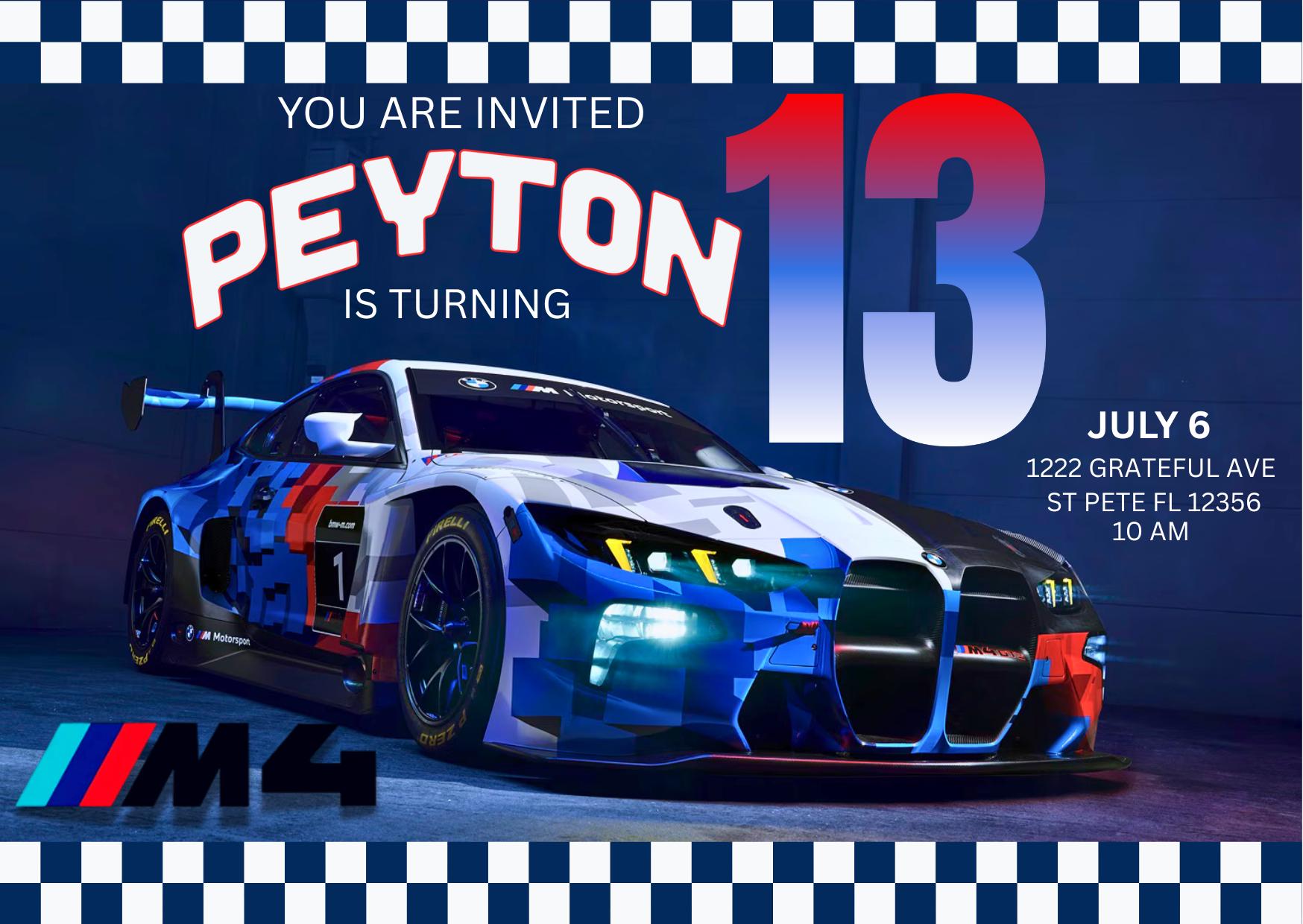 Race Car Birthday Invitation | BMW M4 Teen Party Invite | Boy Car ...