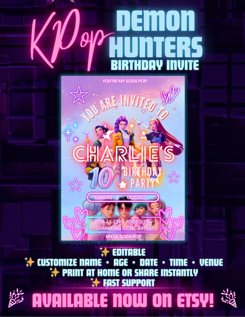 Kpop Demon Hunters Inspired Birthday Invitation | Neon Editable Party ...
