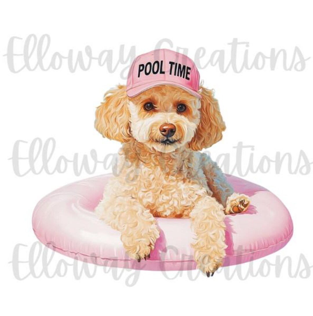 Watercolor Golden Doodle, Goldendoodle, Labradoodle Dog Pool Life, Pool ...