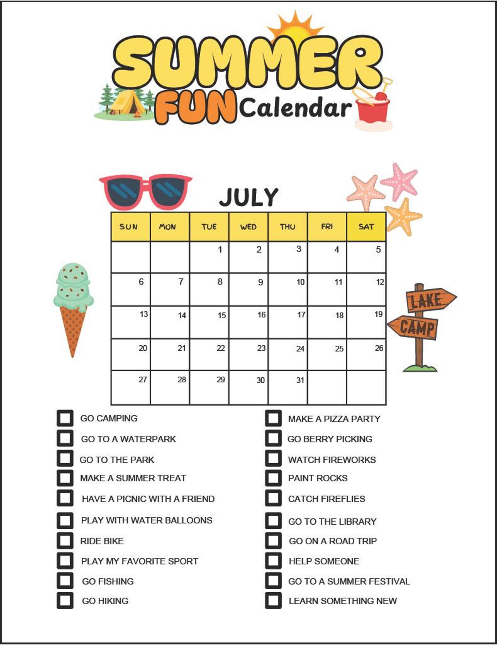 Editable Summer Fun Calendar: Family Activities Bucket List (printable ...