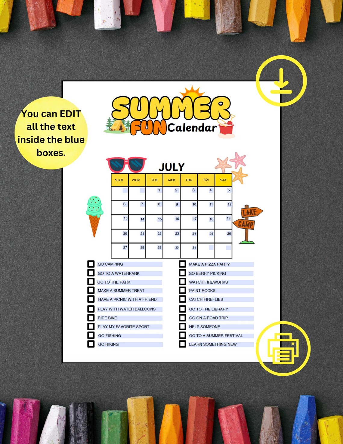 Editable Summer Fun Calendar: Family Activities Bucket List (printable ...