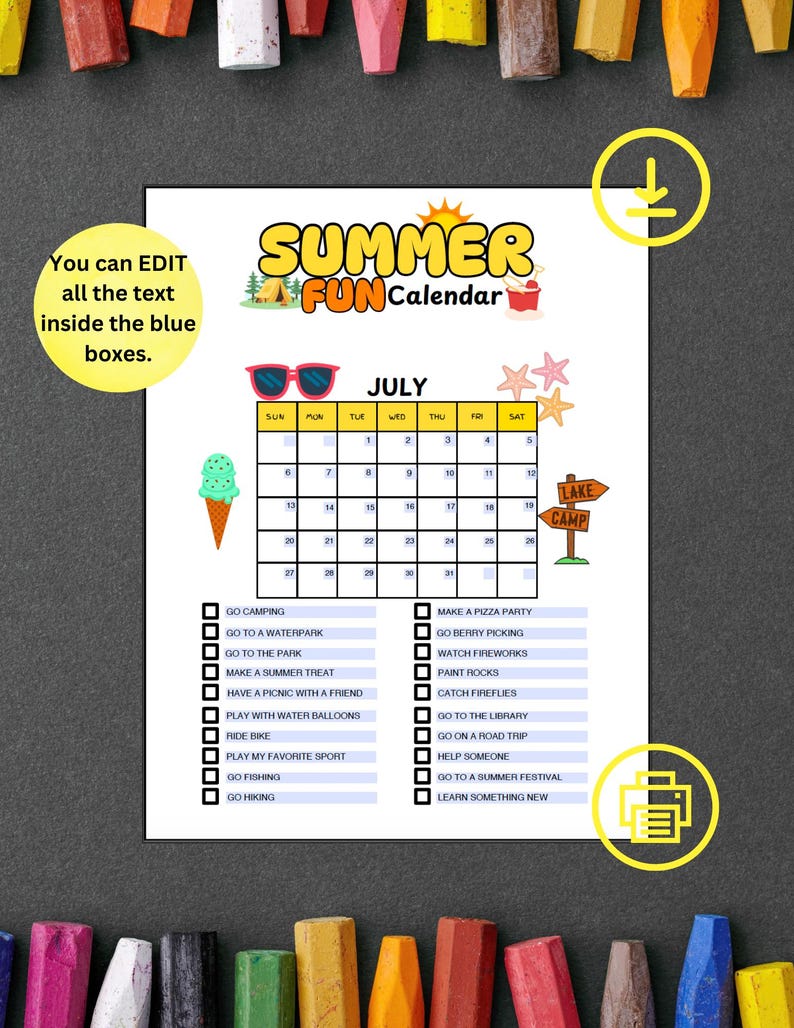 Colorful EDITABLE Printable Summer Fun Calendar Summer Activities ...