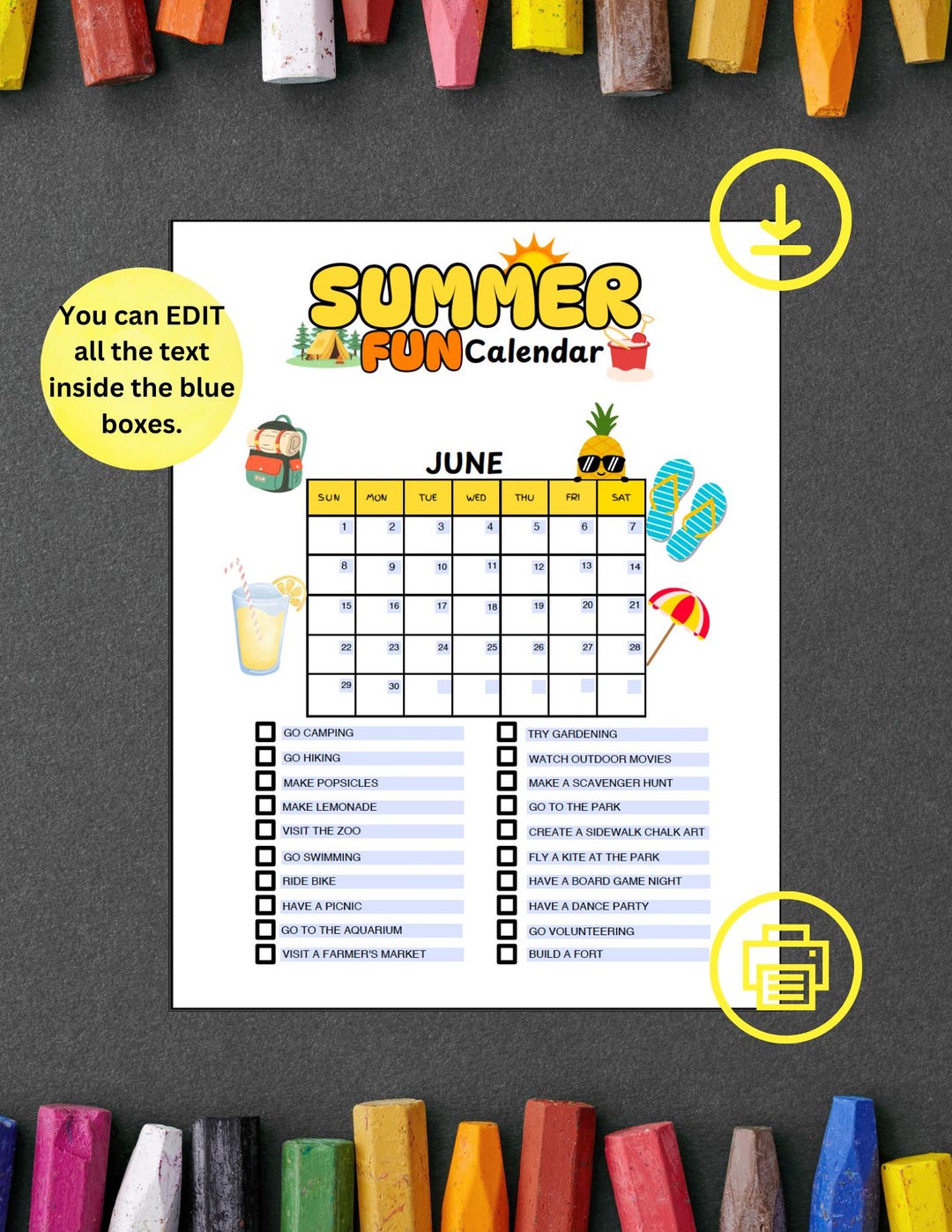 Colorful EDITABLE Printable Summer Fun Calendar Summer Activities ...