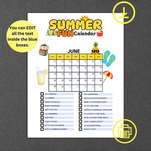 Editable Summer Fun Calendar: Family Activities Bucket List (printable ...