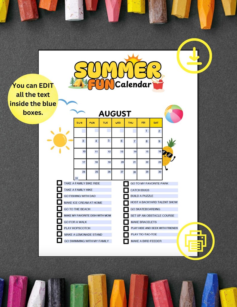 Editable Summer Fun Calendar: Family Activities Bucket List (printable ...