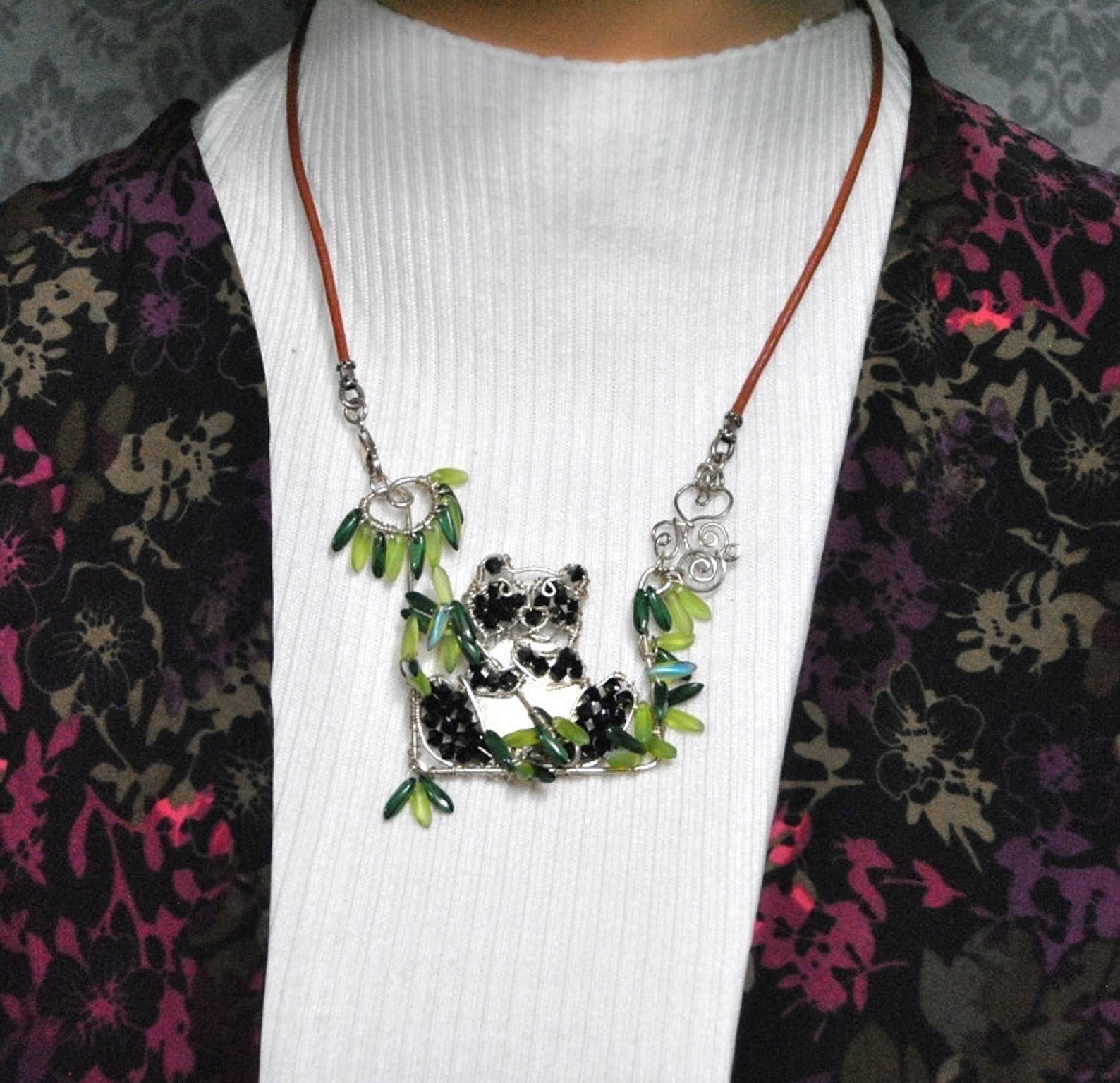 Wire Sculpture Panda Necklace // Sterling With Green and Black - Etsy