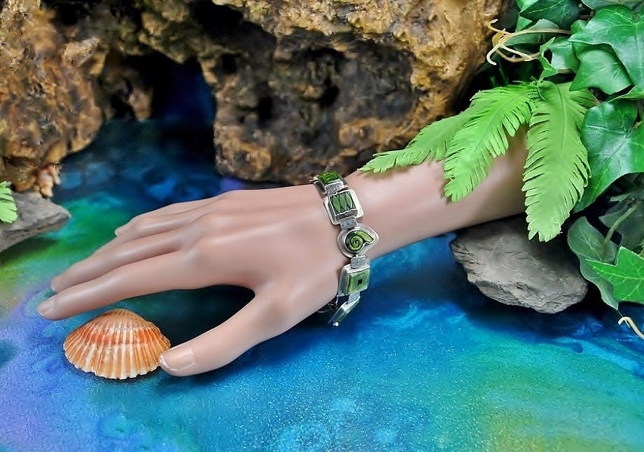 Janice Lee Ripley Sterling Bracelet, Green Faux Bone Geometric Links - Etsy