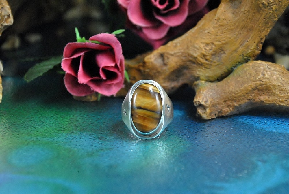 Tiger Eye Ring // Unisex Size 9 Large Gemstone in Handmade - Etsy