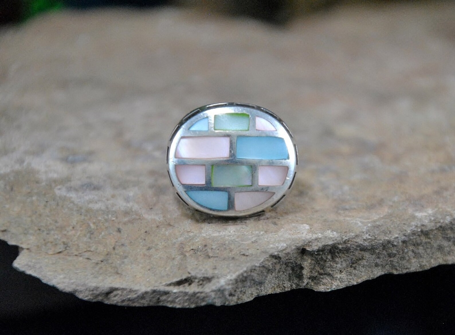 Mother of Pearl Inlay Ring // Size 6 ~ Pastel Channel Mosaic ~ Raised ...