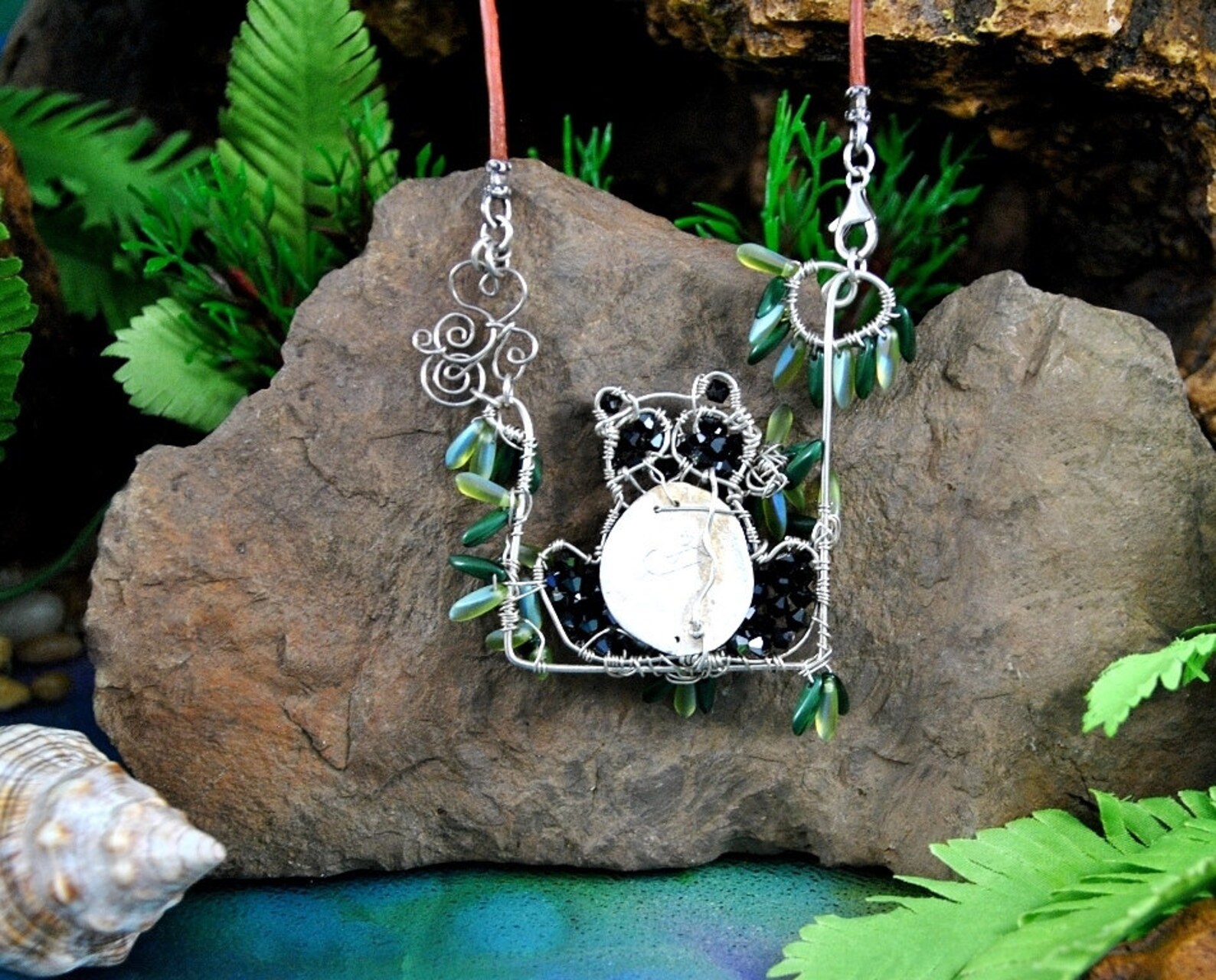 Wire Sculpture Panda Necklace // Sterling With Green and Black Beads on ...