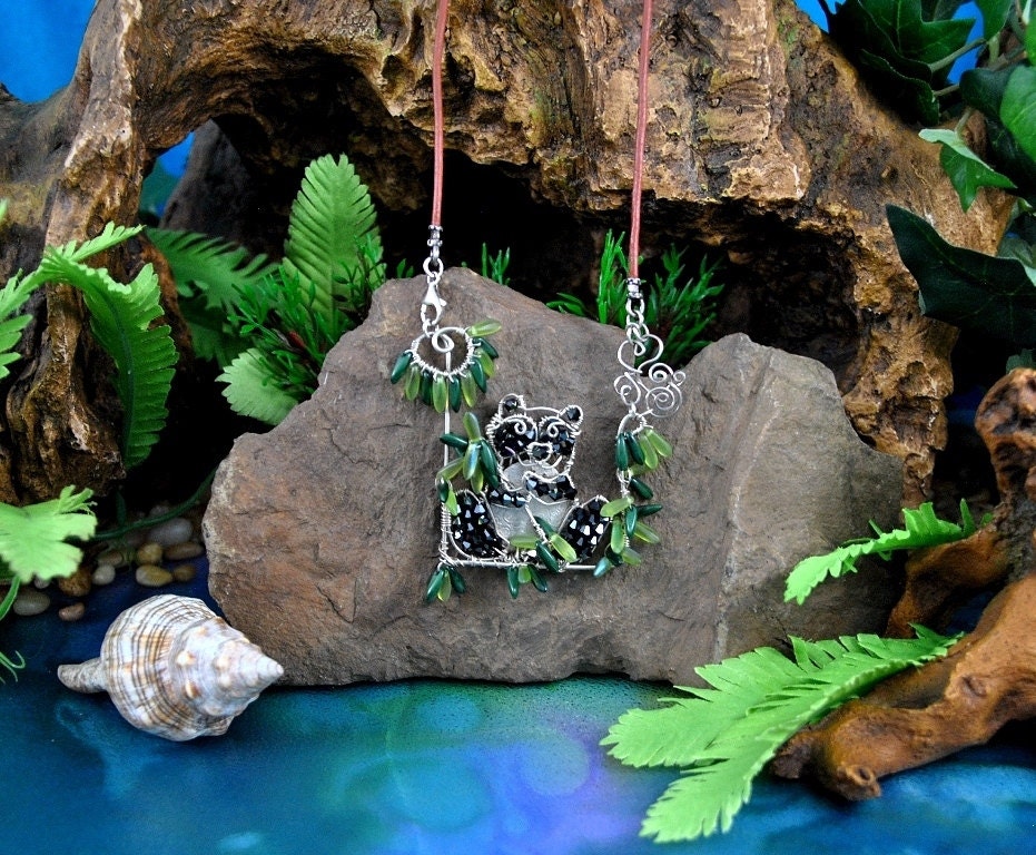 Wire Sculpture Panda Necklace // Sterling With Green and Black Beads on ...